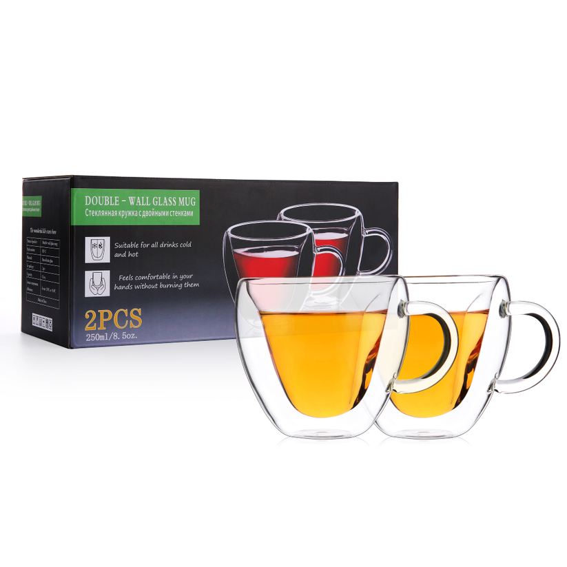 8.5oz Clear Glassware Drinking Heart Shaped Tea Cups with Handle 2 pcs ...