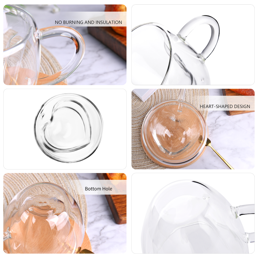8.5oz Clear Glassware Drinking Heart Shaped Tea Cups with Handle 2 pcs ...