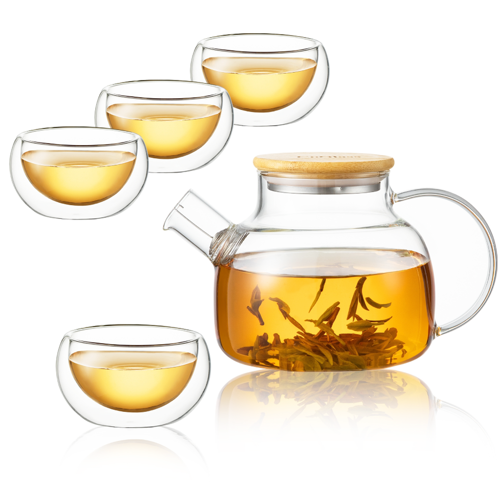 Bamboo Lid Water Pitcher Glass Teapot Tea Cups Set 5 Pcs – slonmall