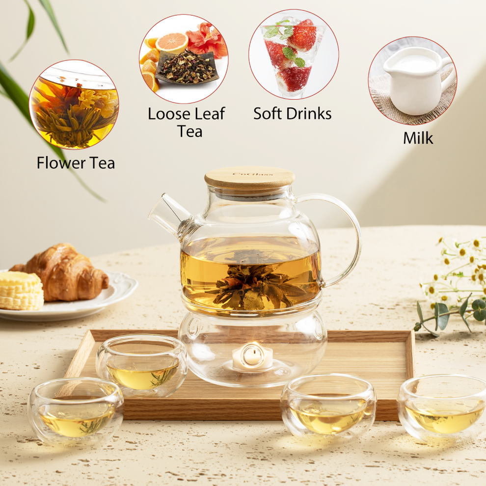 Bamboo Lid Water Pitcher Glass Teapot Tea Cups Set 5 Pcs – slonmall